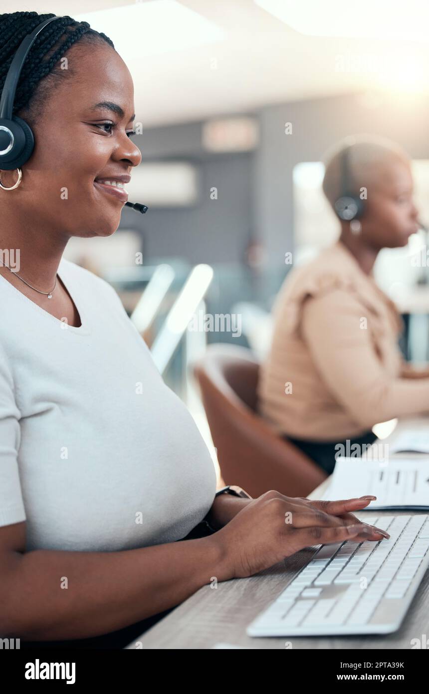 Black woman, call center and contact us teamwork in office for crm ...