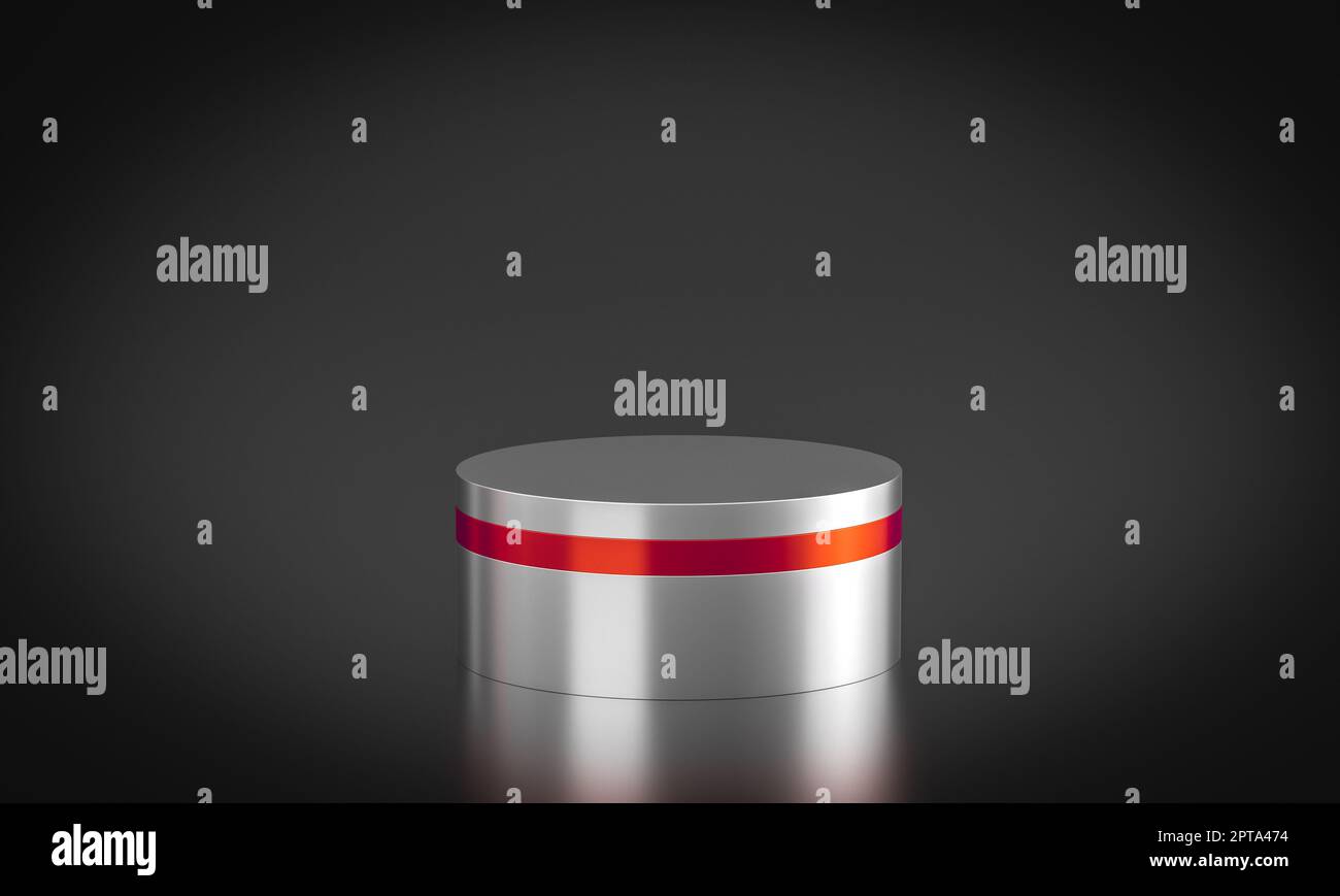 metallic podium with horizontal red band, dark vignetted background. 3d ...