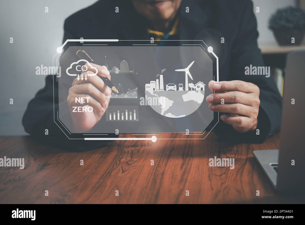 Businessman touching screen virtual icon eco energy sustainable ...