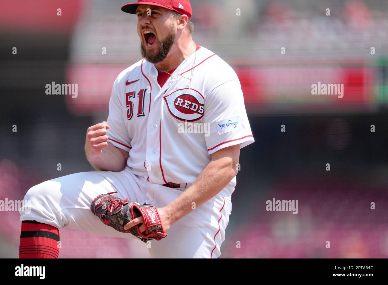 Cincinnati Reds starting pitcher Graham Ashcraft (51) reacts after ...