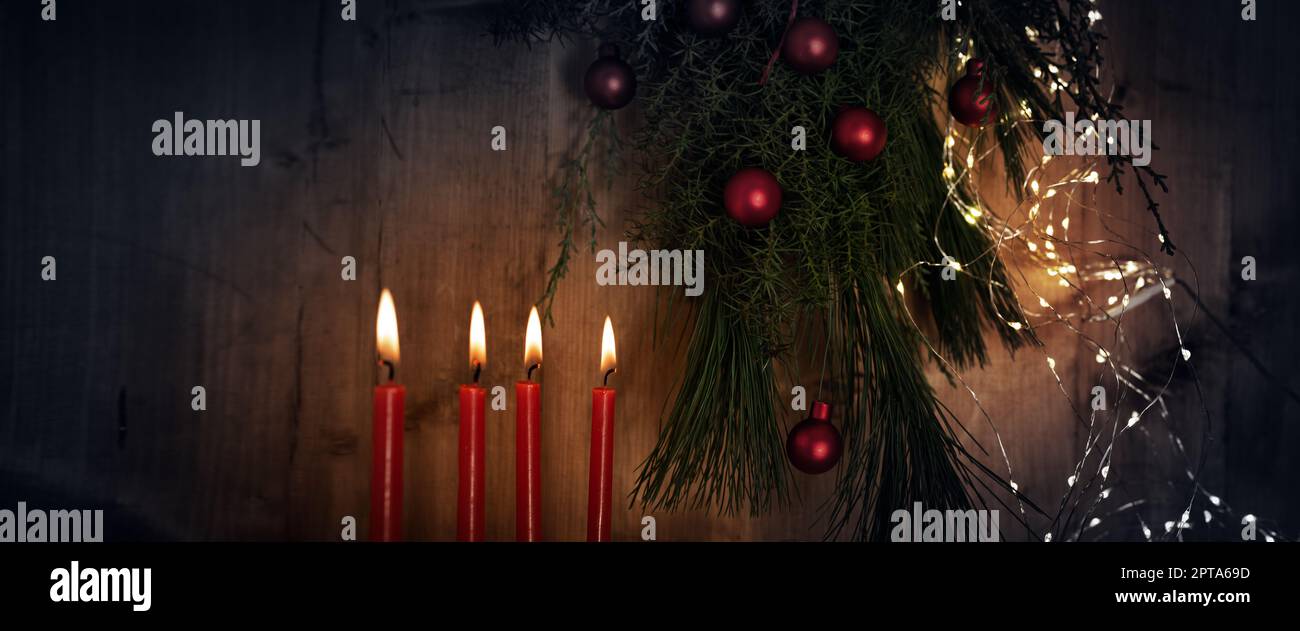 Horizontal christmas and advent background with four red burning ...