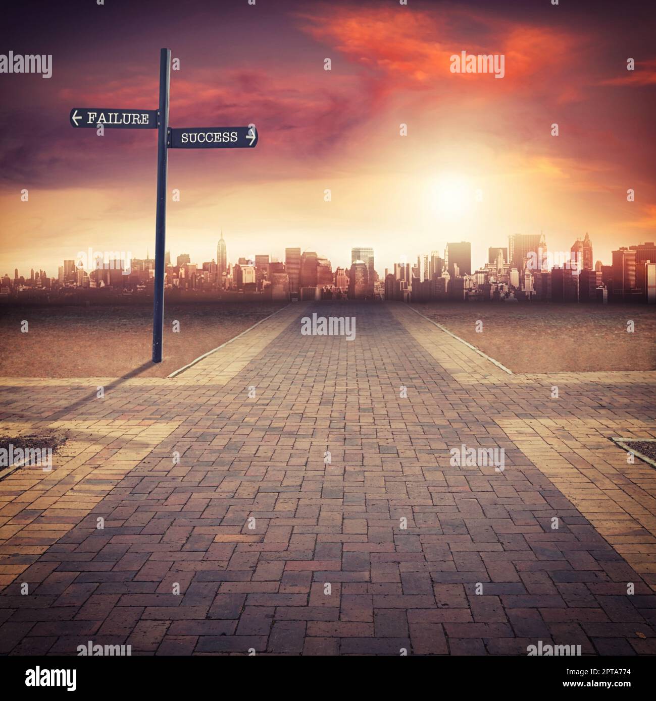 Illustration of a four way intersection leading to either success or ...