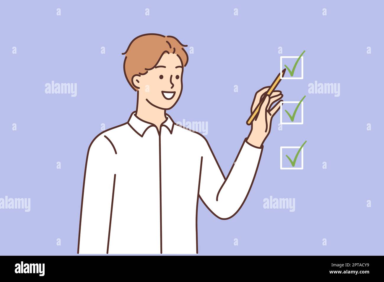 Smiling young man check boxes accomplish tasks. Happy confident male ...