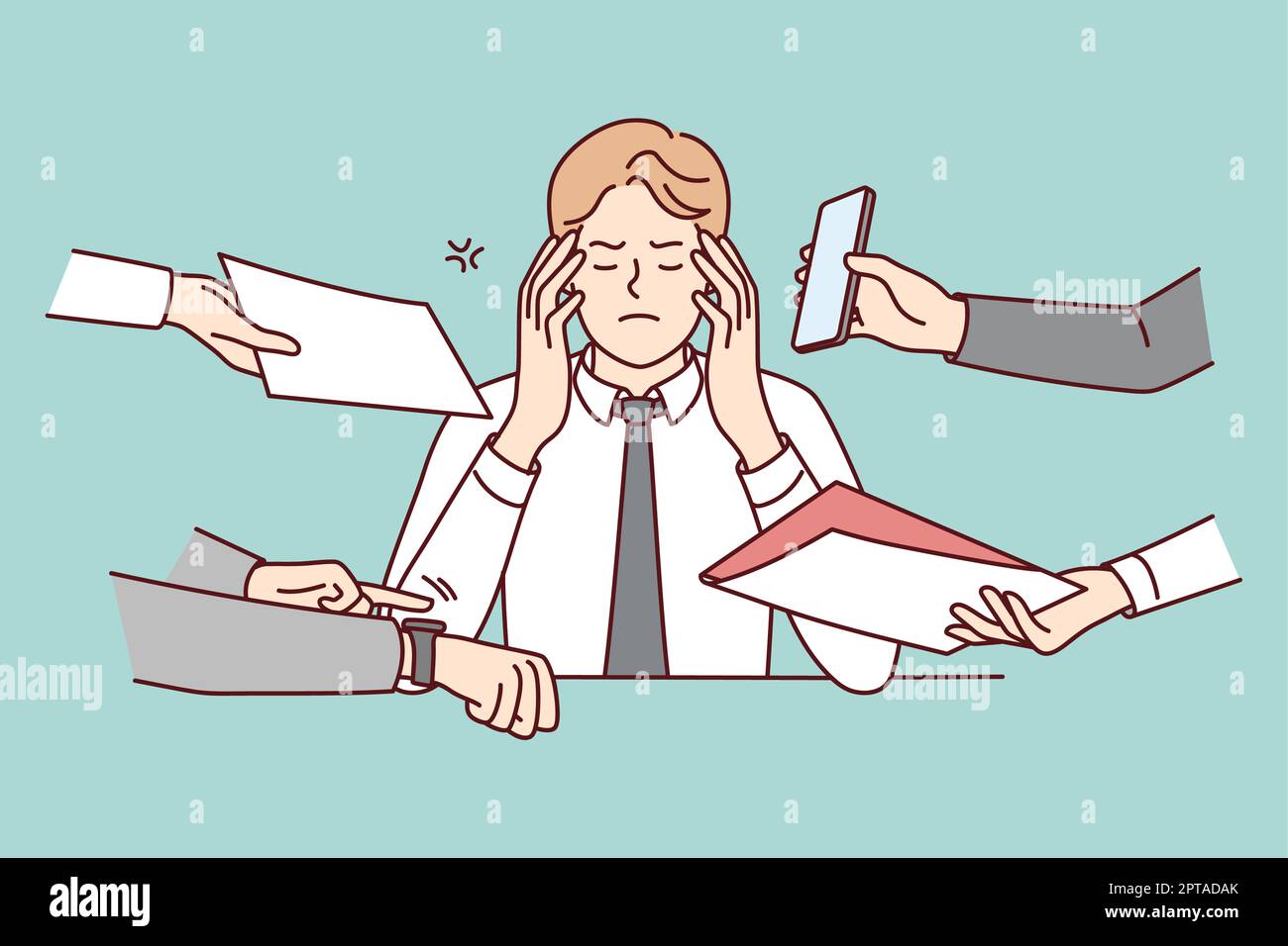 Annoyed businessman stressed with multiple hands giving papers and ...