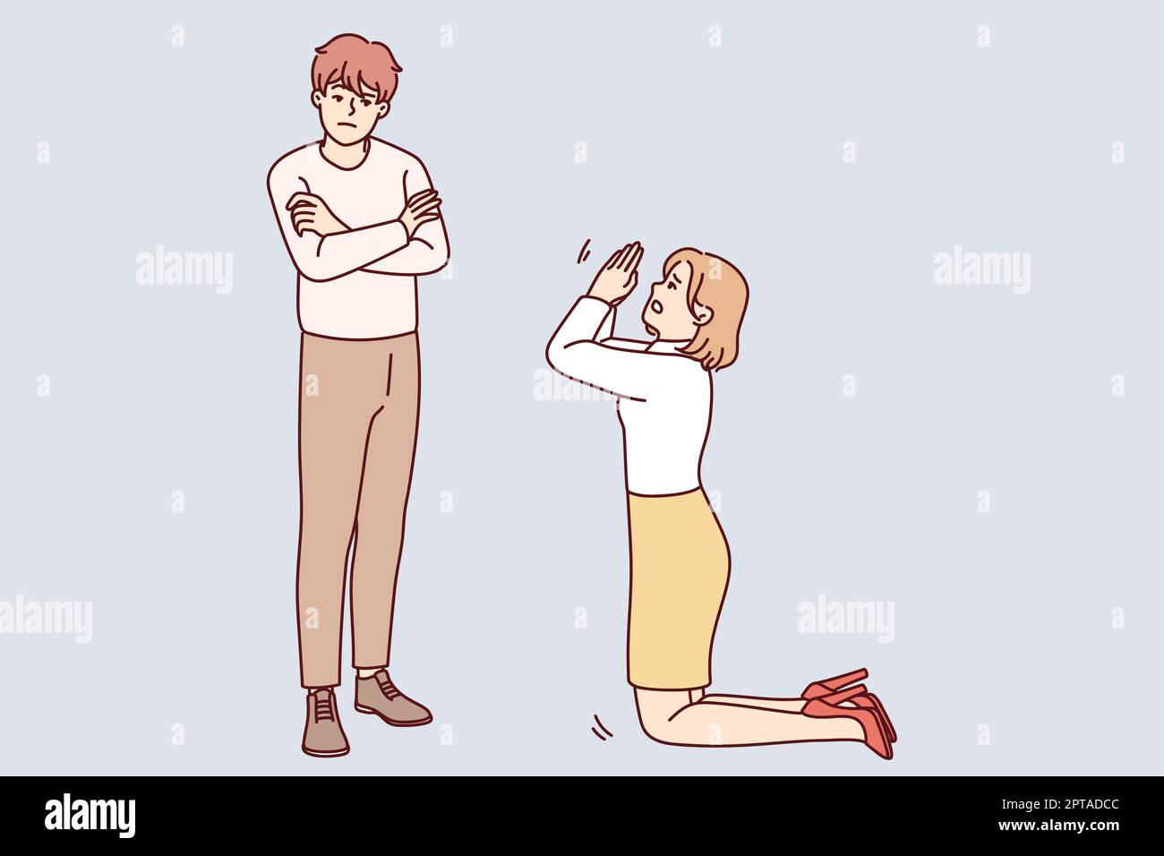 Woman kneel ask forgiveness from man. Female stand on knees beg ...