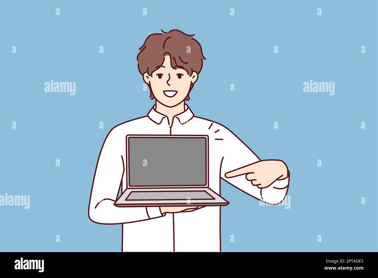 Smiling young man point at modern laptop with mockup screen. Happy male ...