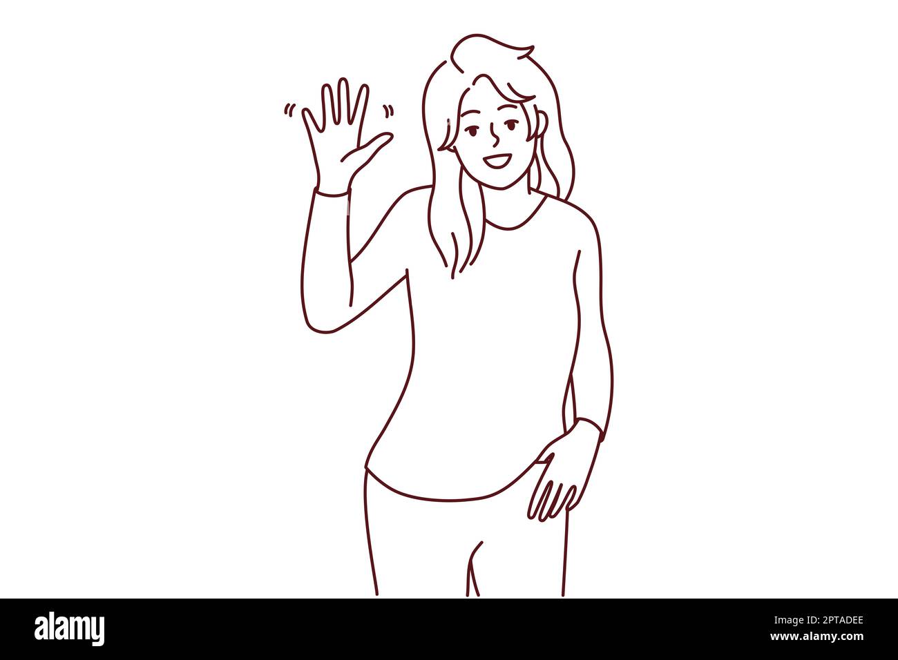 Portrait of smiling young woman wave with hand feeling overjoyed and ...