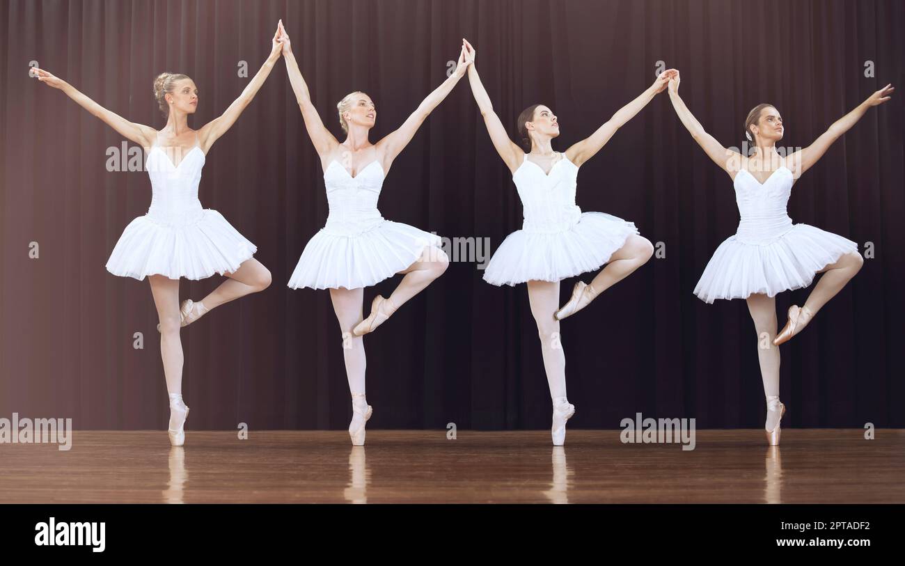 Women, ballet and theatre stage dance people in routine for creative ...