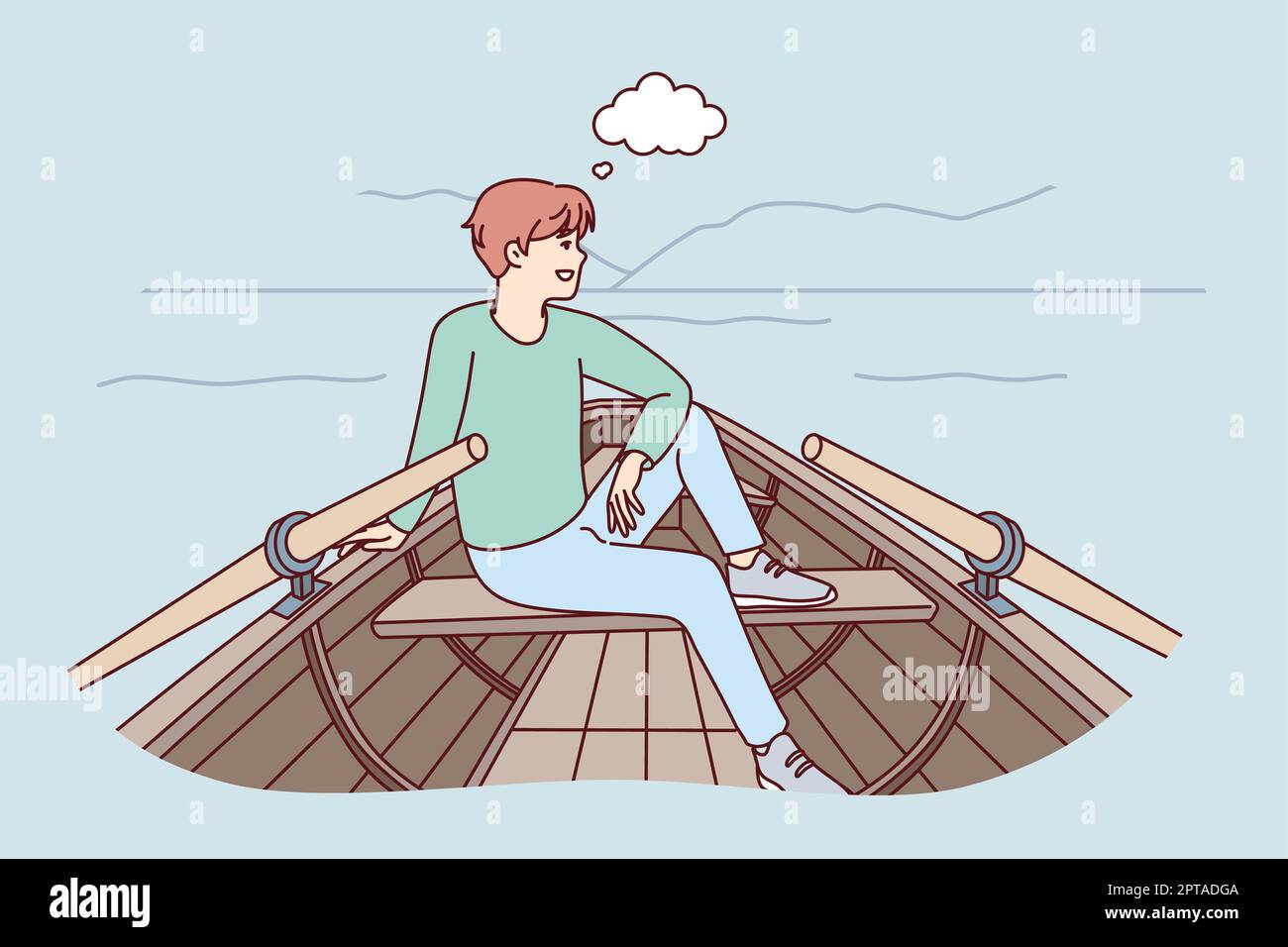 Happy man sit in boat in nature landscape thinking and imagining ...