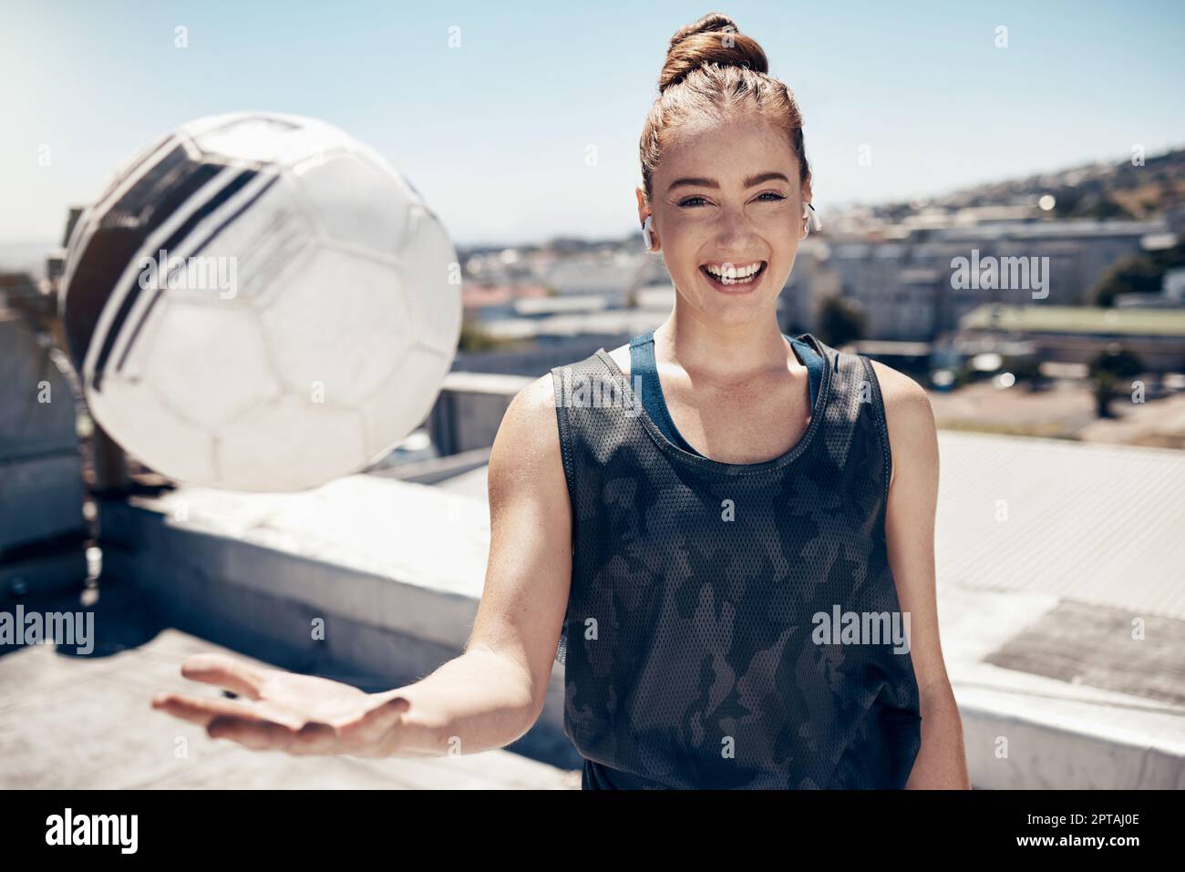 Happy, motivation and woman soccer athlete with a football ready for a ...