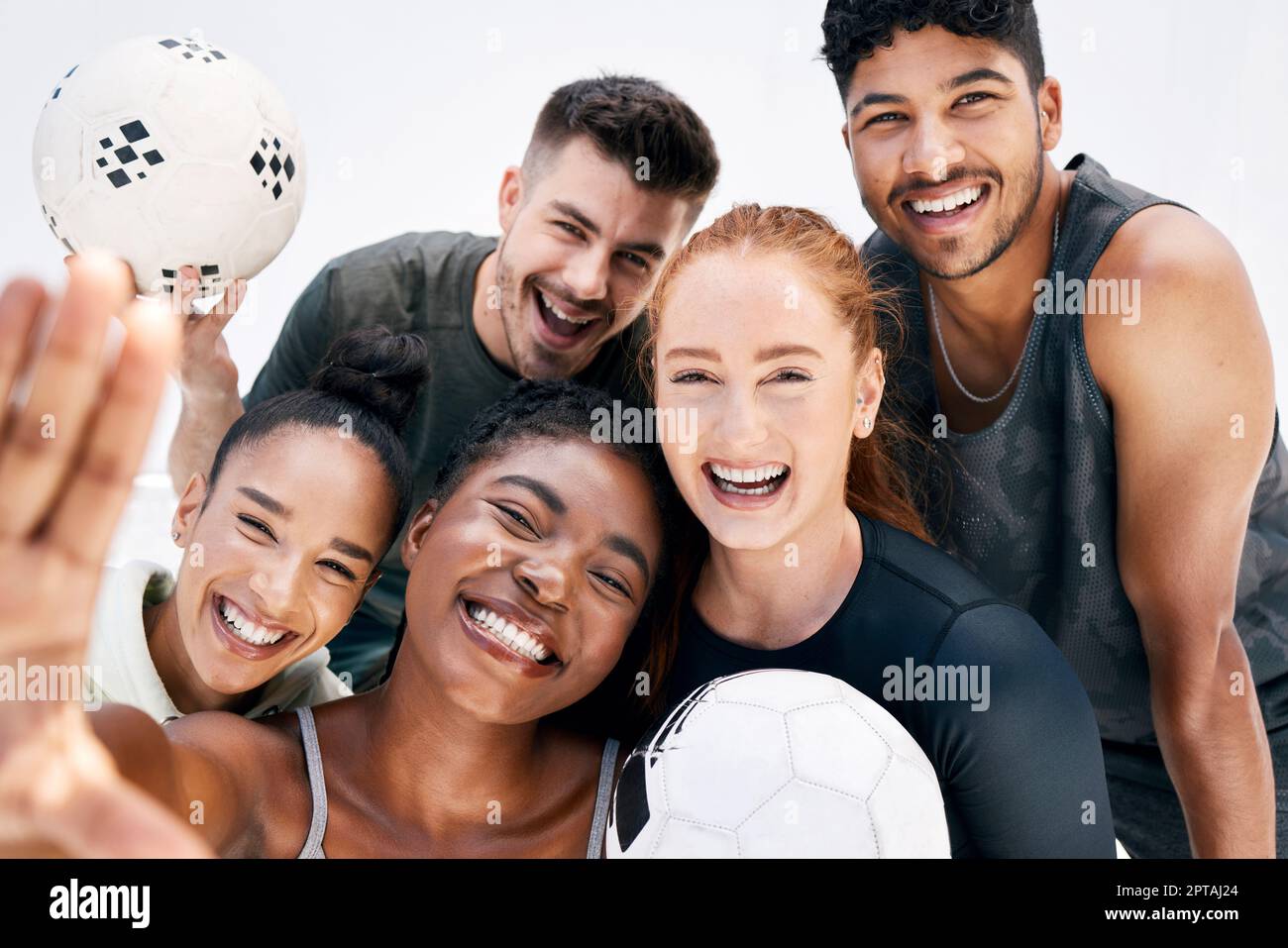 Happy, selfie and portrait of friends with soccer ball after training ...
