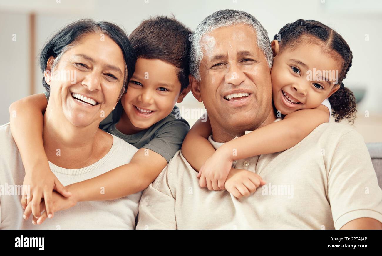 Grandkids hug grandparents for love, care and relax in family home ...
