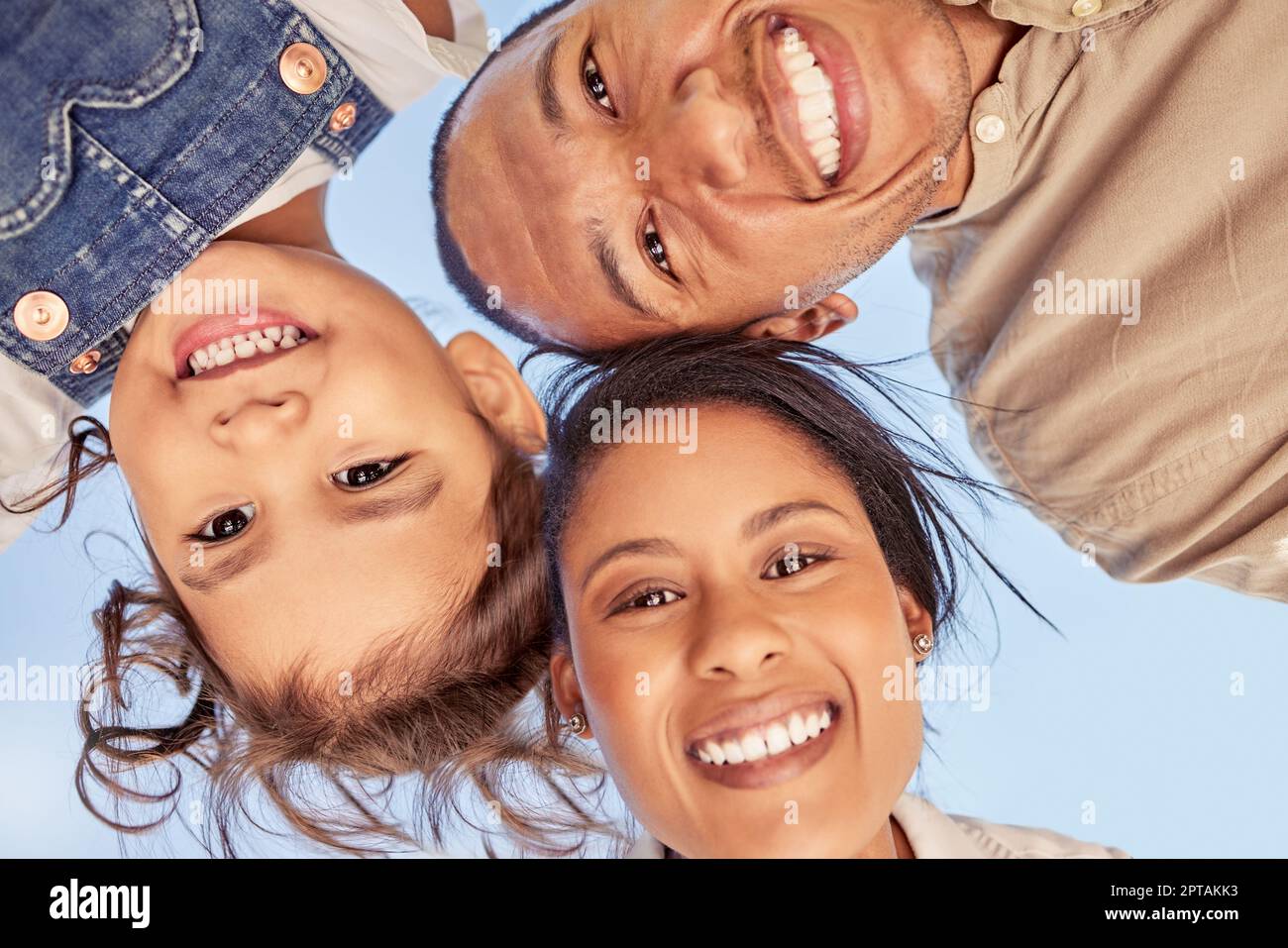 Family, face and children with a mother, father and girl bonding ...