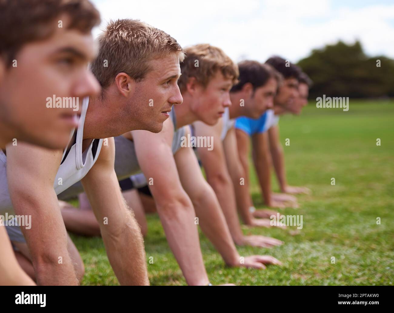 The sweaty road to success. a row of young sportsmen doing push-ups ...