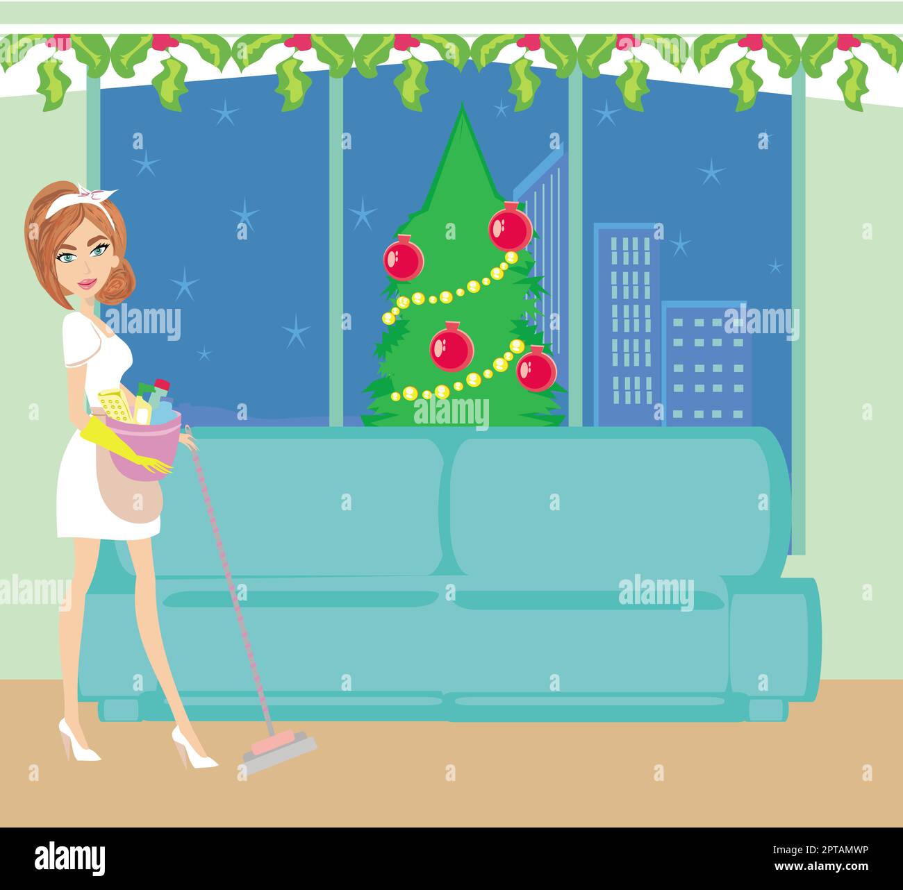 beautiful housewife cleans the living room before Christmas Stock Photo ...
