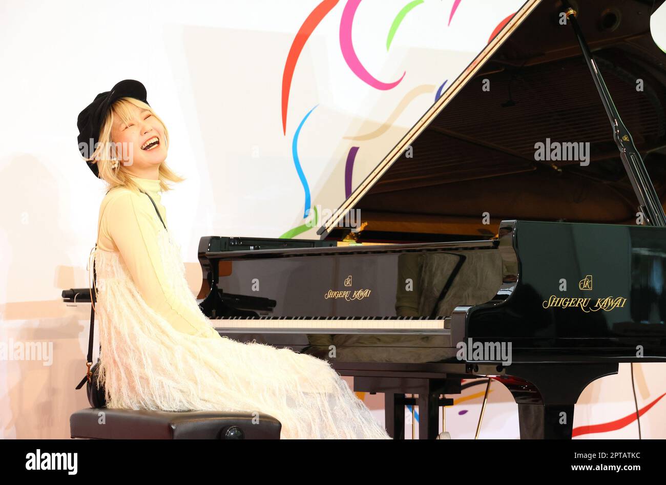 Tokyo, Japan. 27th Apr, 2023. Japanese street pianist Harami-chan plays ...