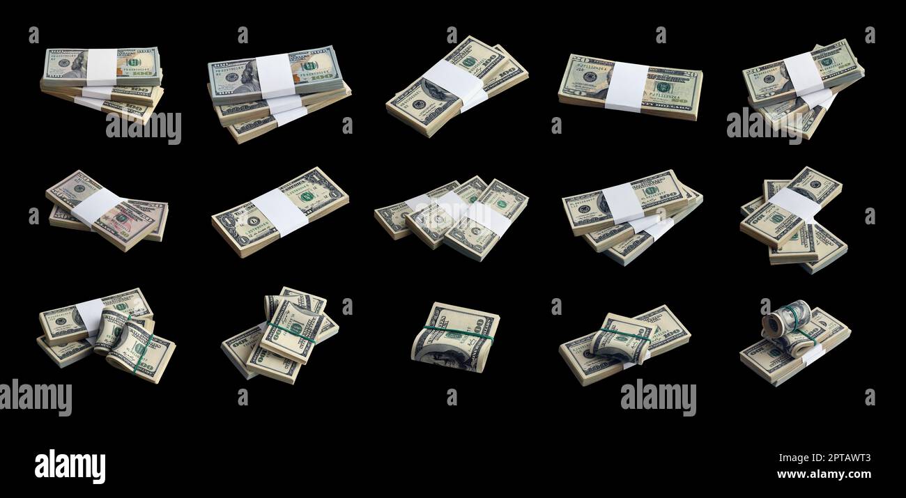 Big set of bundles of US dollar bills isolated on black. Collage with ...