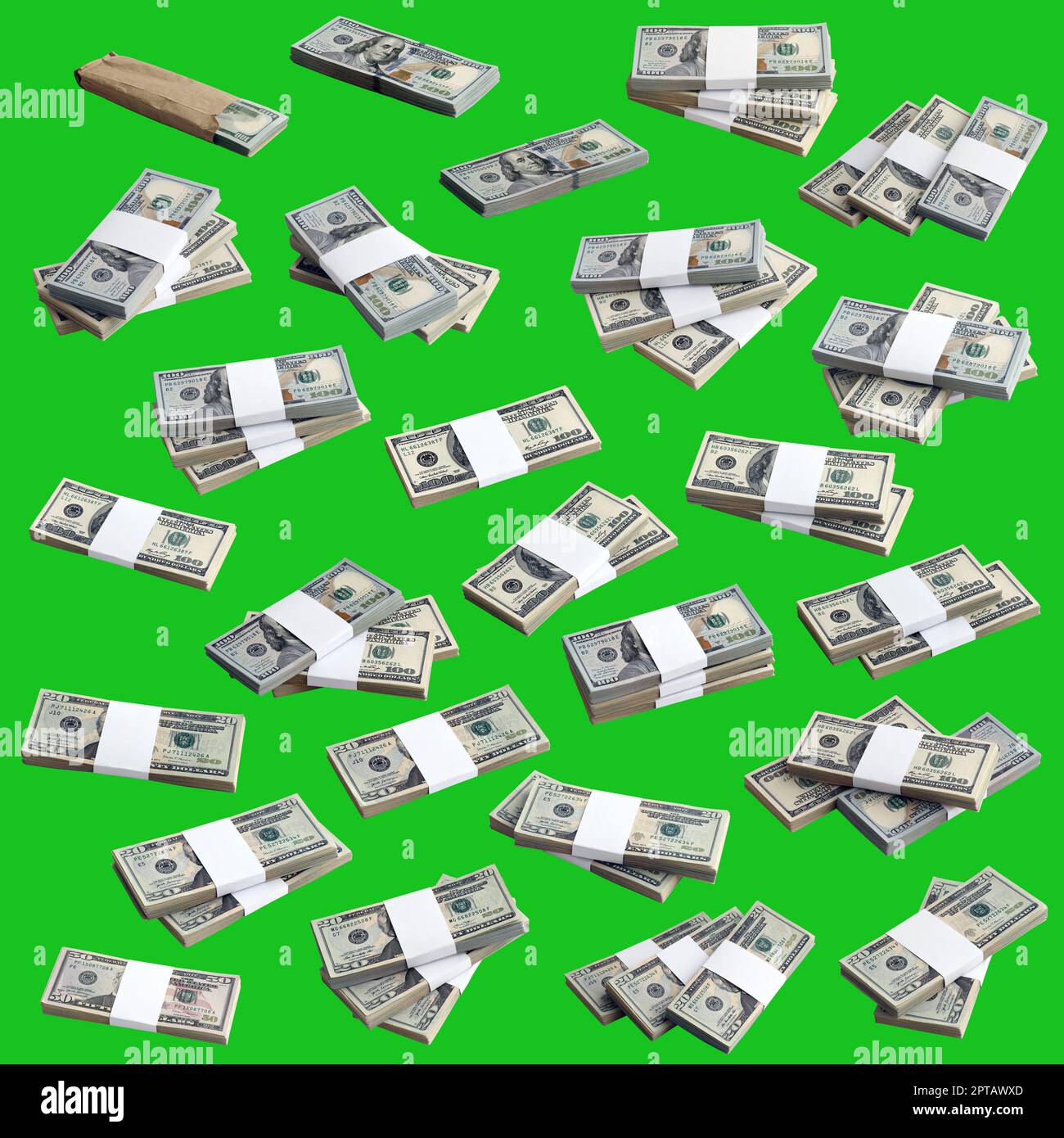 Big set of bundles of US dollar bills isolated on chroma key green ...