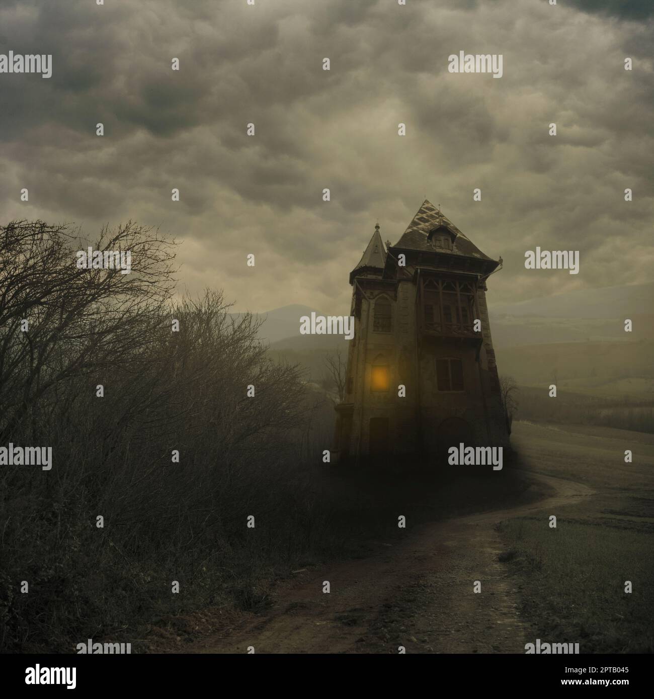 Scary scene with haunted house. Halloween background design Stock Photo ...