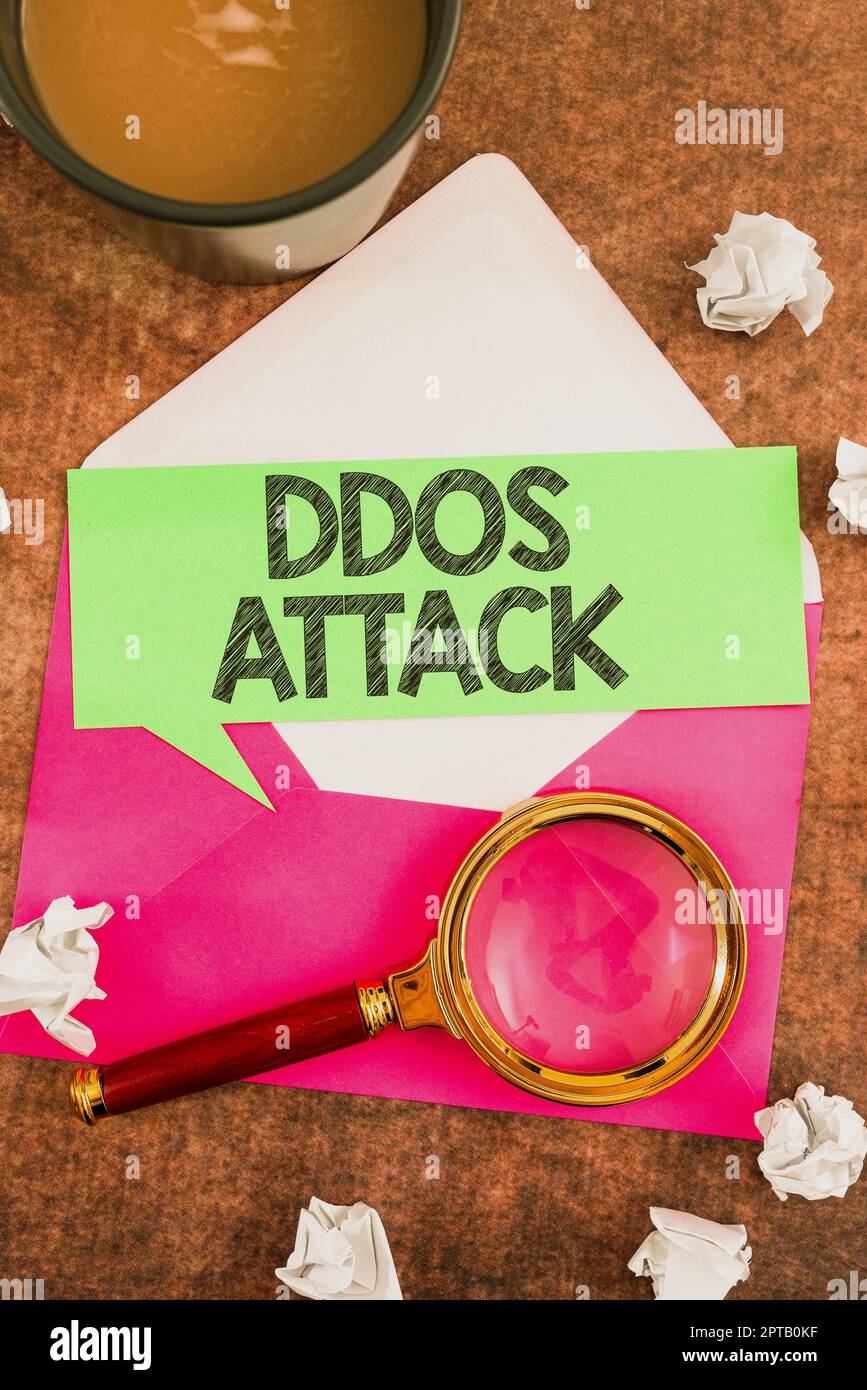 Sign displaying Ddos Attack, Word Written on perpetrator seeks to make network resource ...
