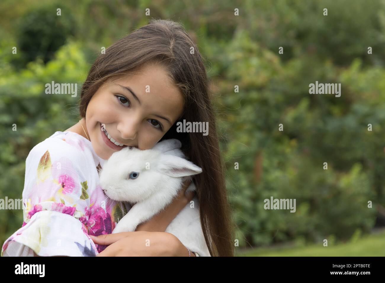 Smiling little girl is holding a white rabbit in her arms outdoors ...