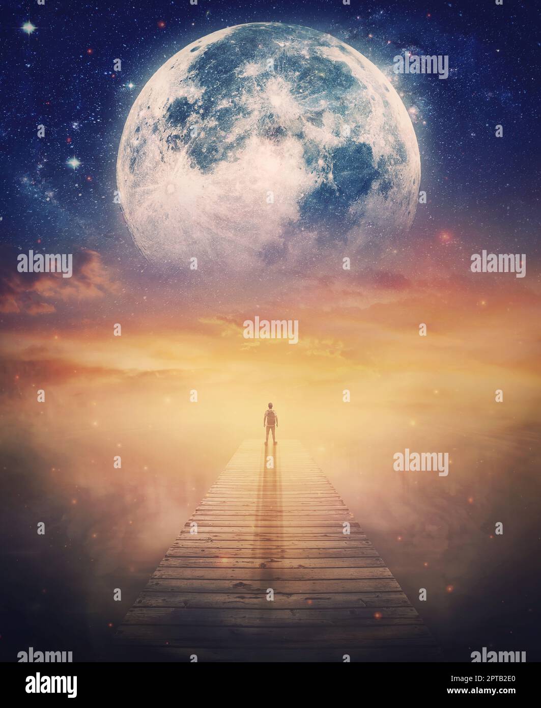 Super moon approaches the Earth, surreal scene and a lone man on the ...