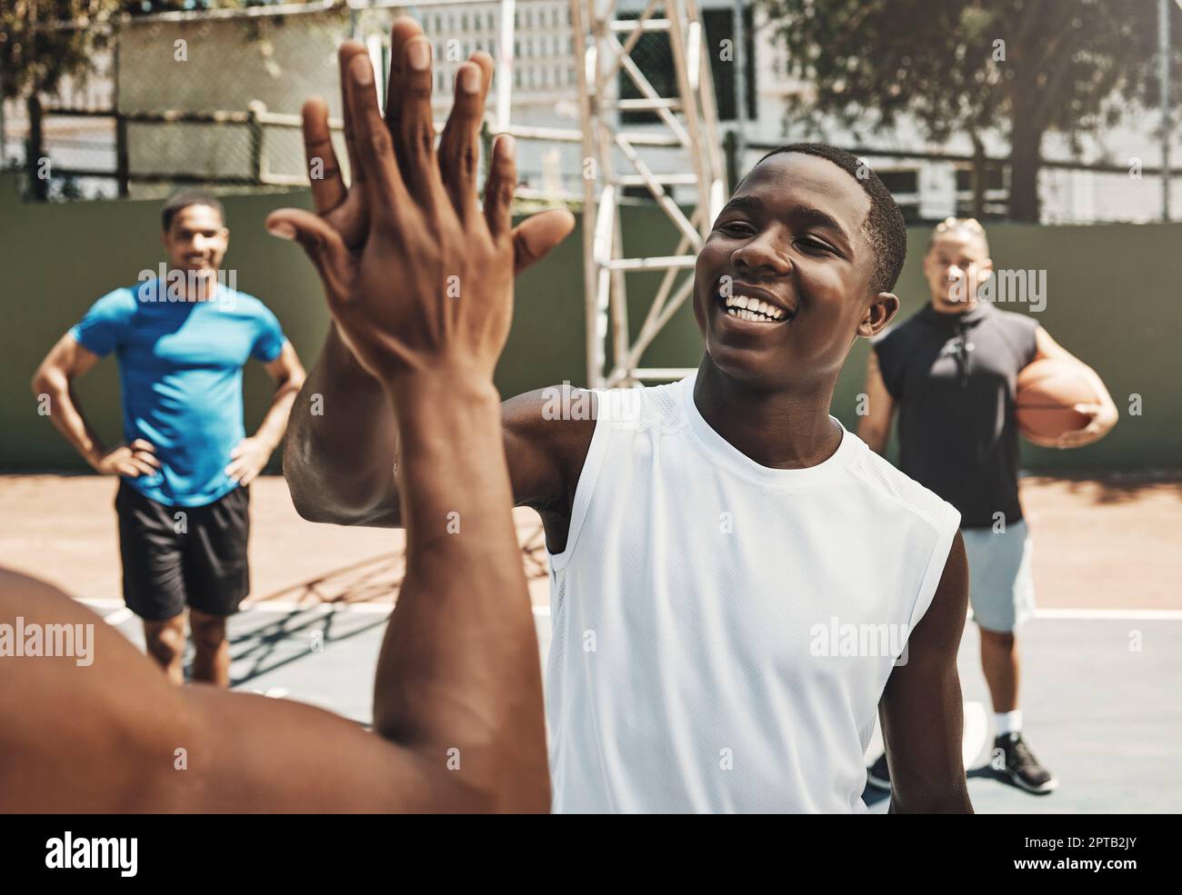 Teamwork, high five or basketball in zoom for support, motivation or ...