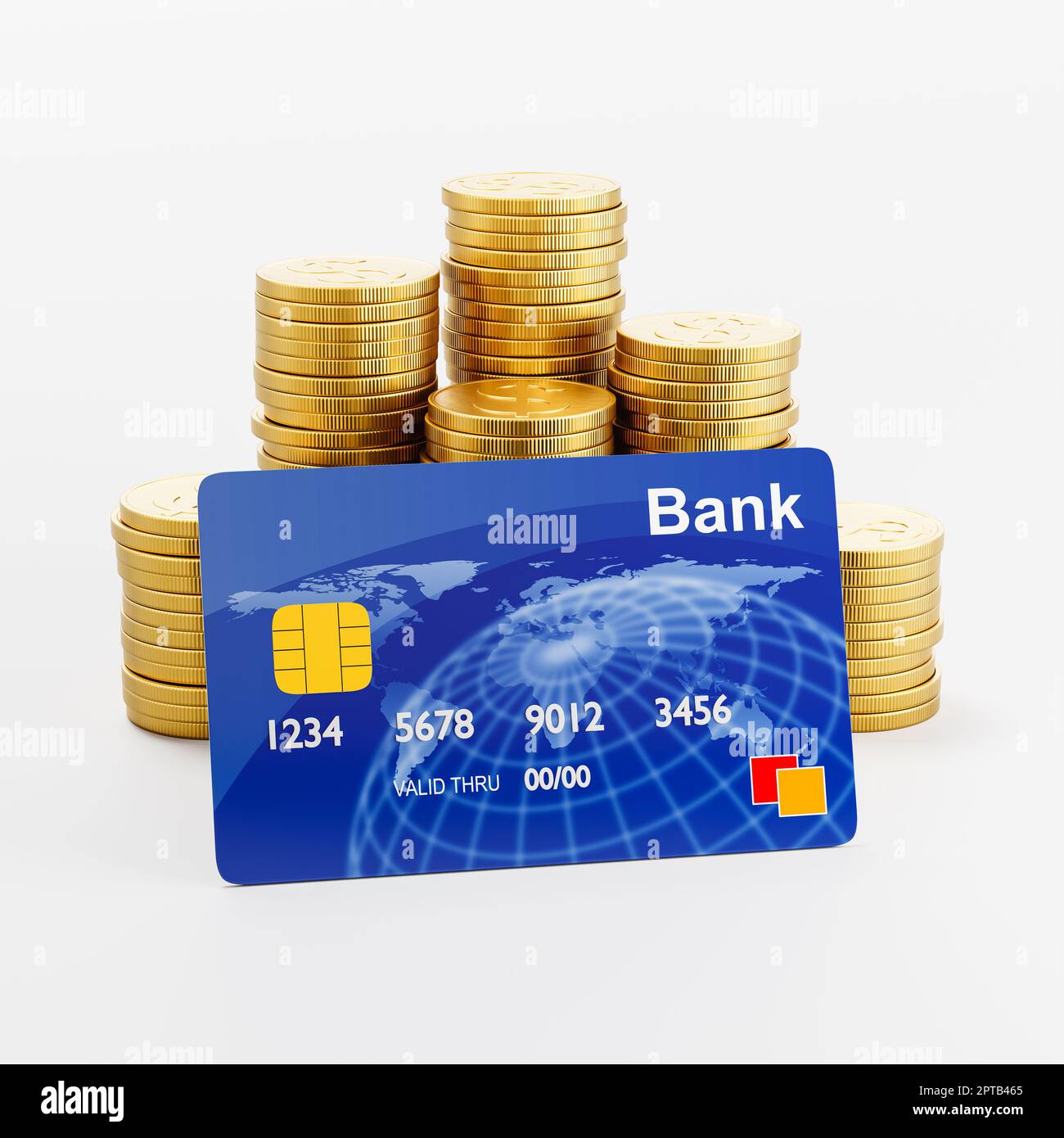 Credit Card ahead of Stacks of Golden Coins on Light Gray Background 3D ...
