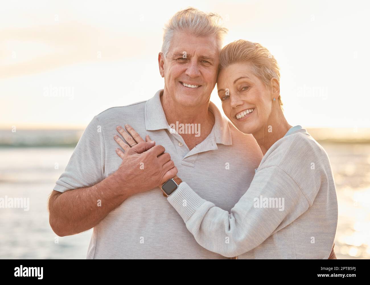 Love Travel And Beach Portrait With Senior Couple Hug Bond And Relax