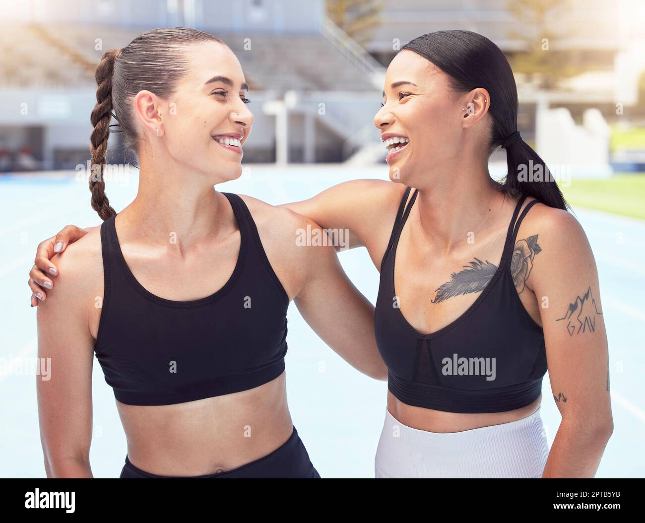 Fitness, sports women friends or personal trainer people hug and smile ...