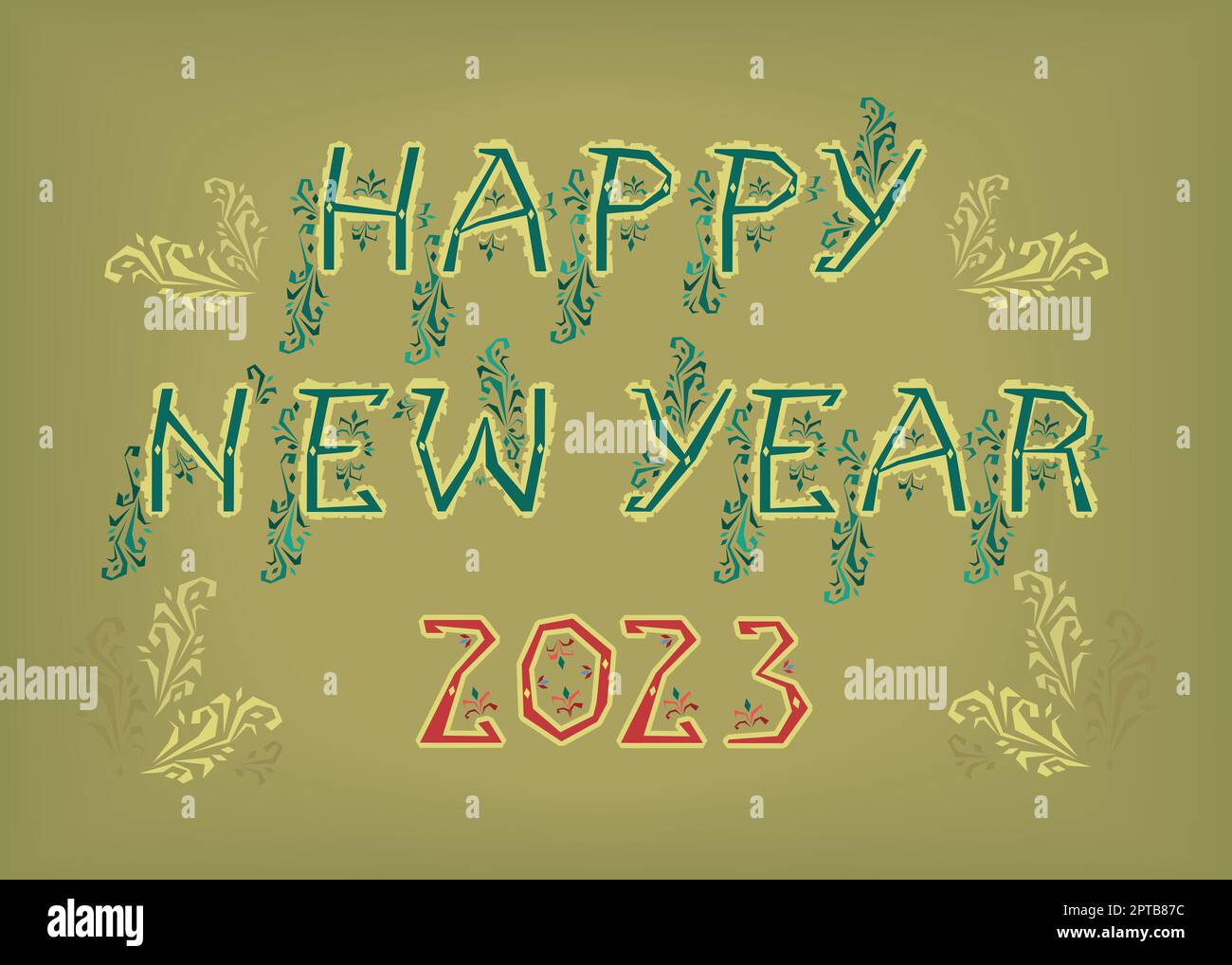 Happy New Year 2023. Artistic font with folk botanical decor. Green ...