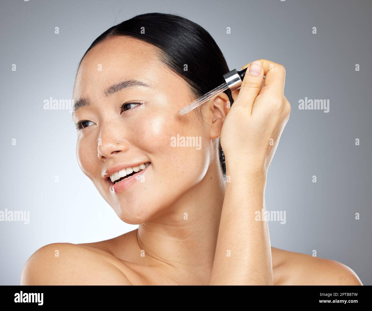 Asian woman beauty, facial serum and essential oil, aesthetic ...