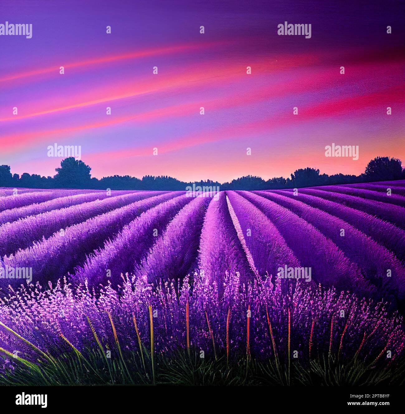 Illustration of a beautiful lavender field at late sunset Stock Photo ...