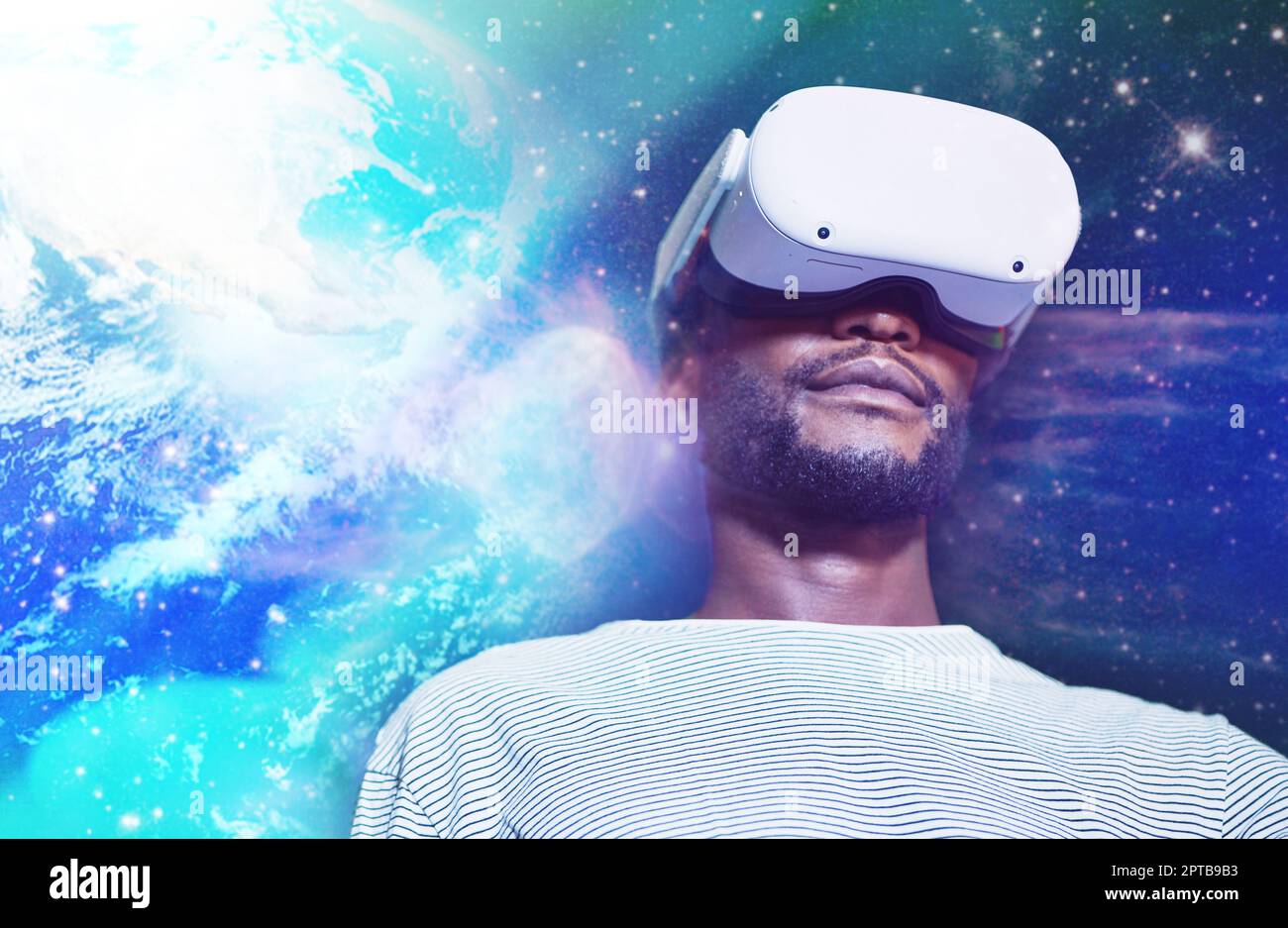 Virtual reality, futuristic and black man playing game in a galaxy ...