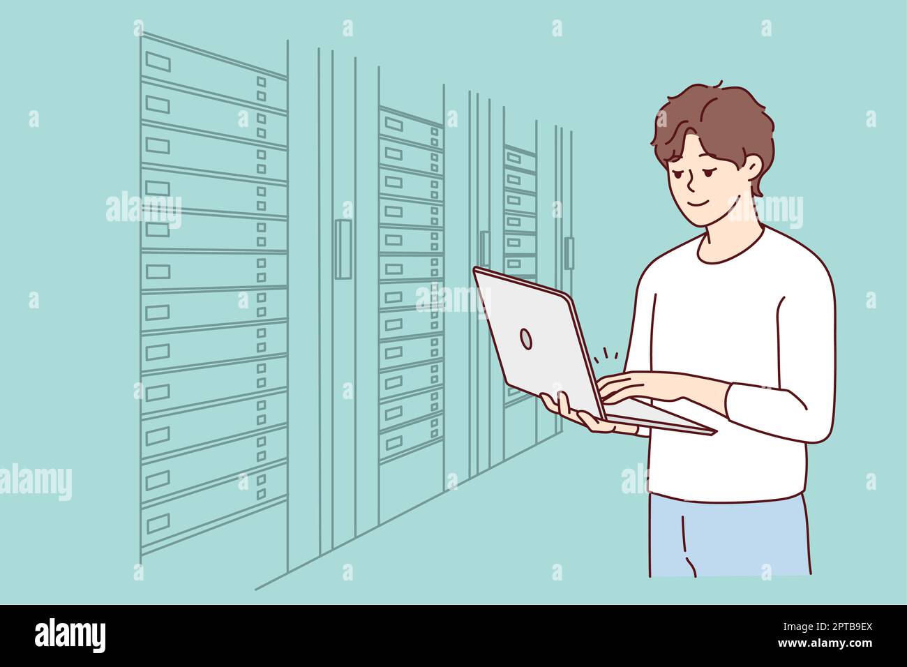 Male engineer with laptop standing near server room with computers. Man ...