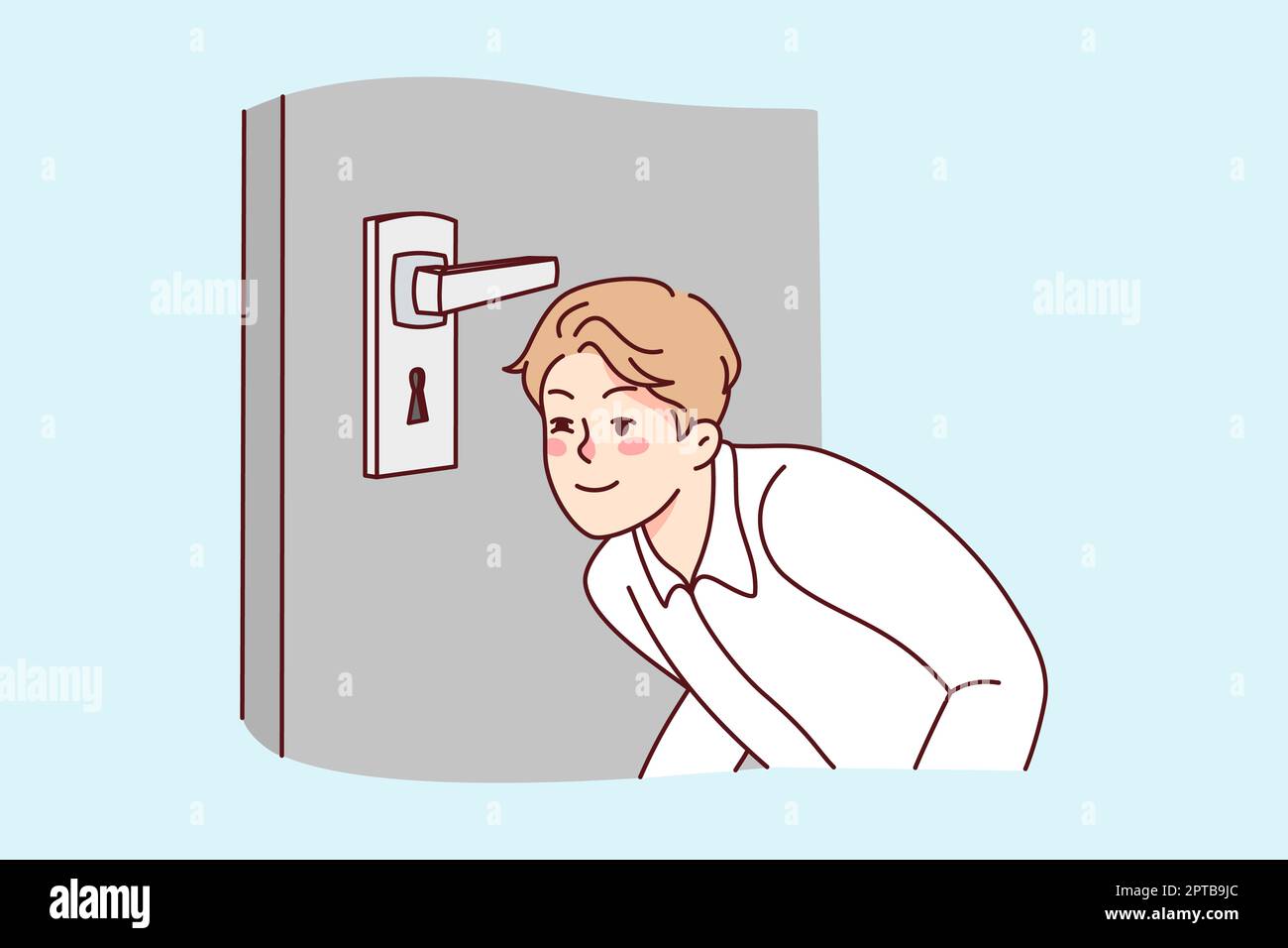 Suspicious young man look in door lock. Smiling guy peep in door hole ...