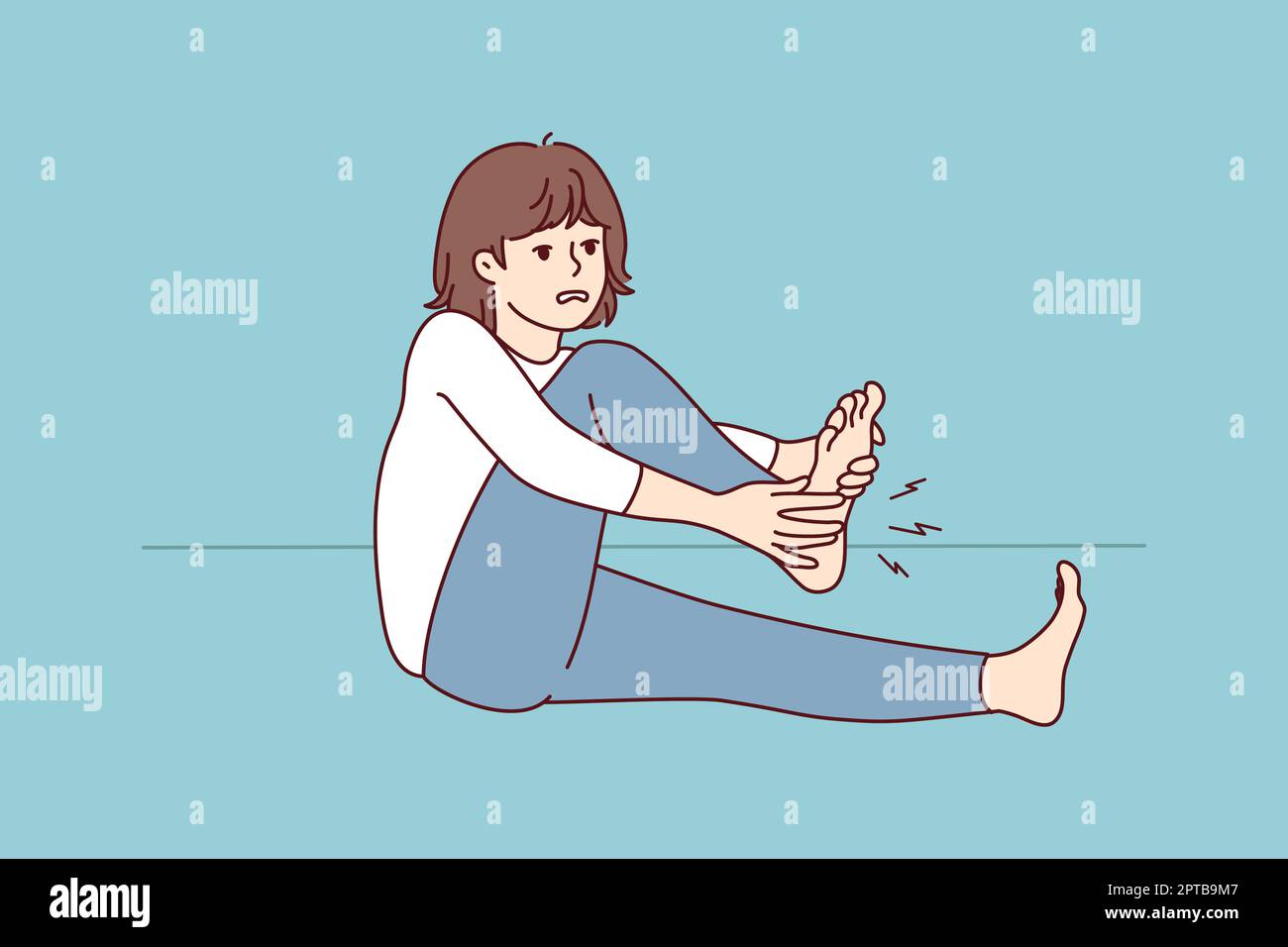 Unhealthy woman suffer from cramp in leg. Unwell female struggle with ...