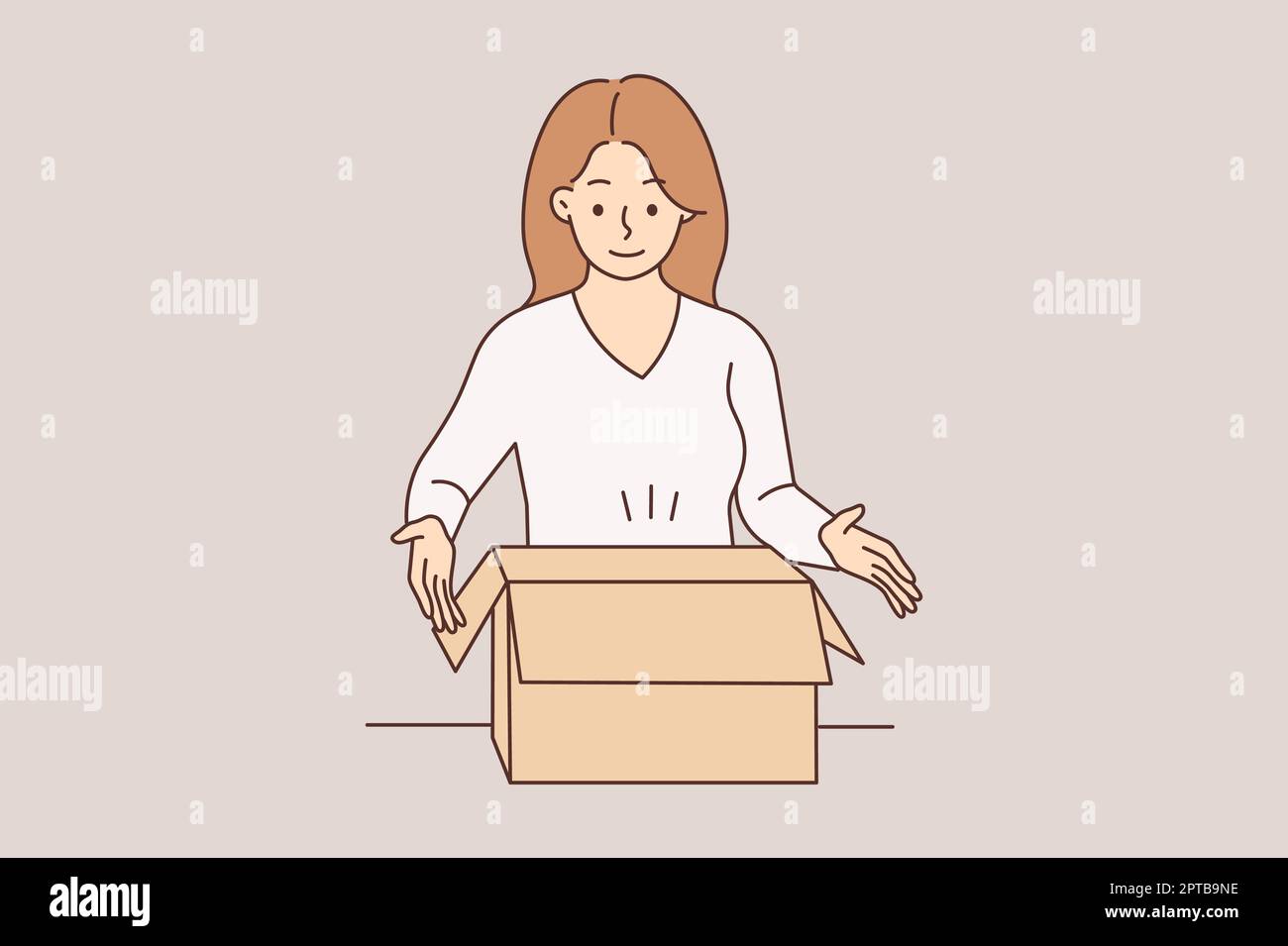 Smiling young woman unpack carton box with order. Happy female client ...