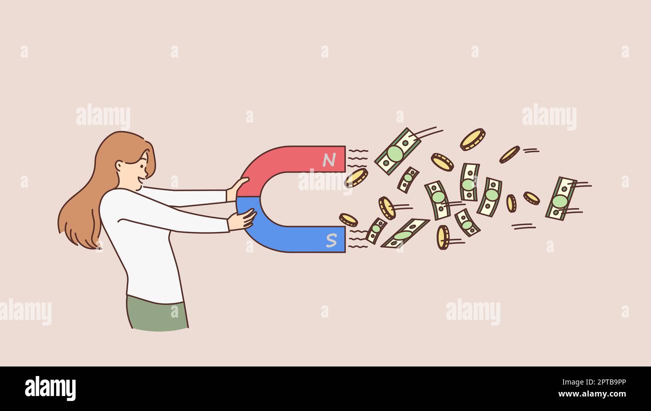 Smiling motivated woman with magnet collect money. Happy female gather finance and cash. Rich ...