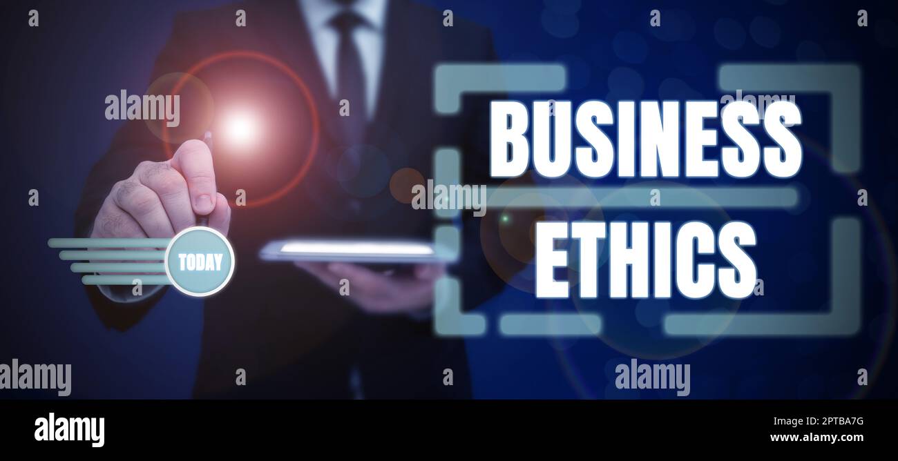 Hand writing sign Business EthicsMoral principles that guide the way a ...