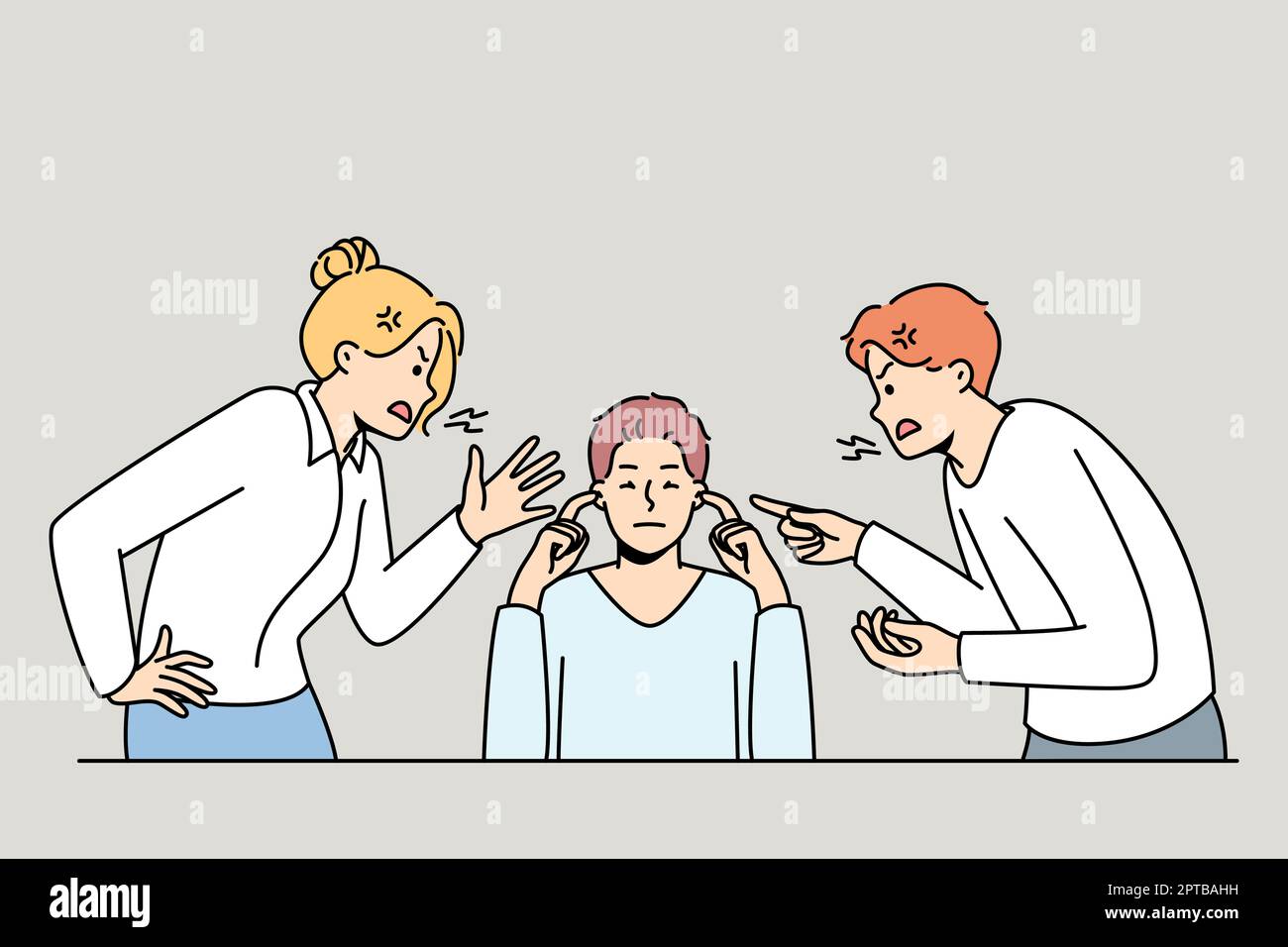 Man close ears ignore loud screaming colleagues shouting and lecturing ...