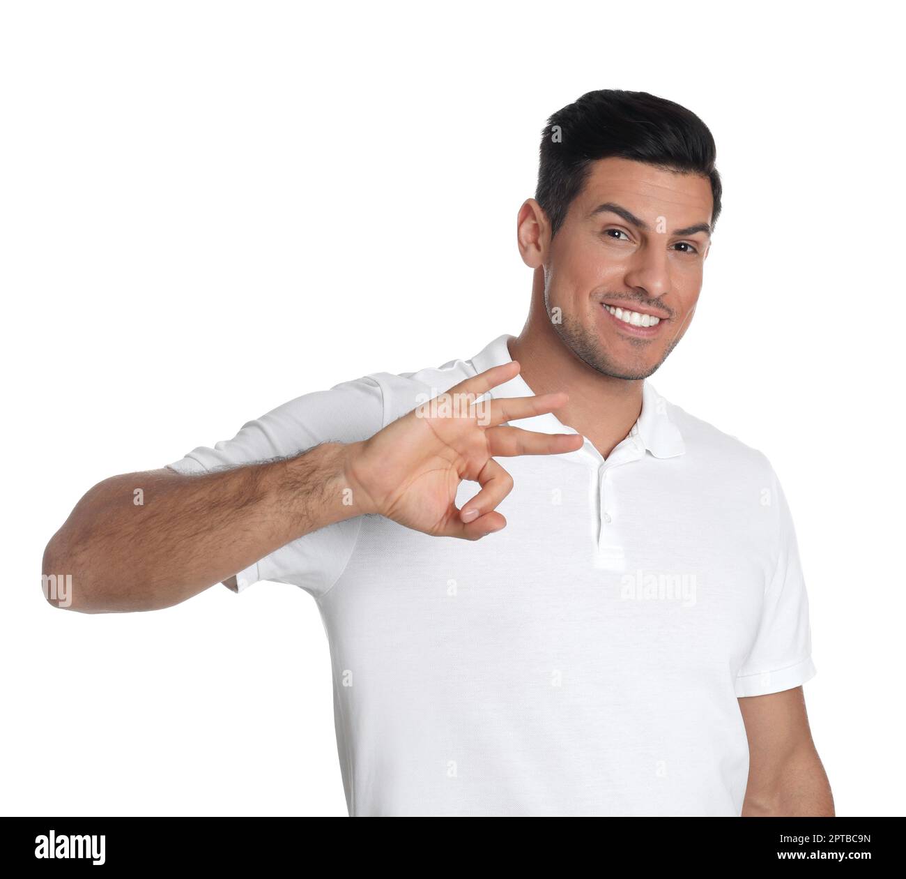 Man showing number three with his hand on white background Stock Photo ...