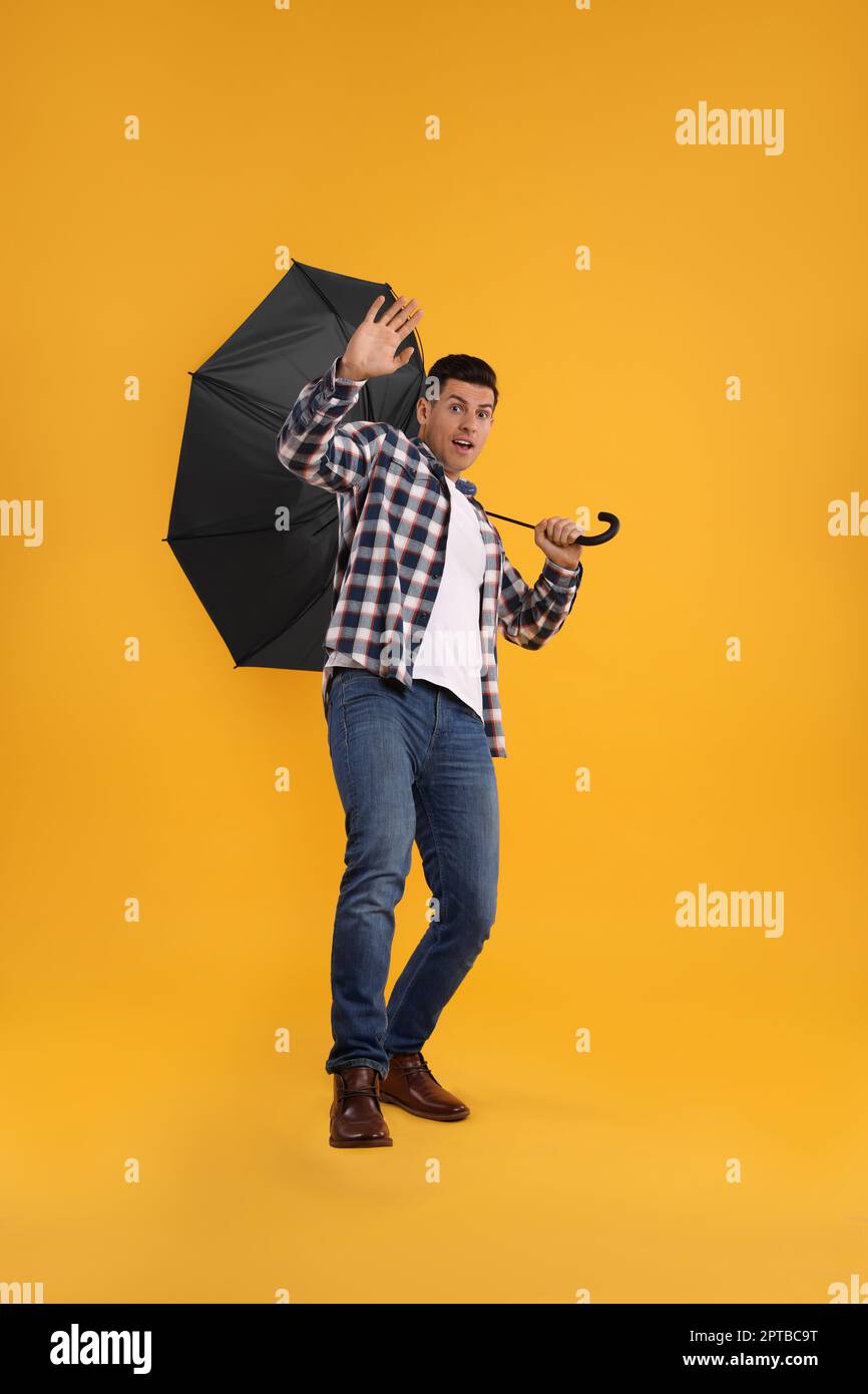 Emotional man with umbrella caught in gust of wind on yellow background ...