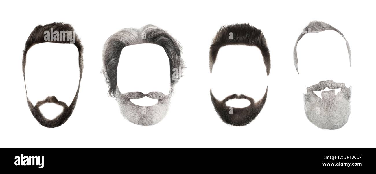 Fashionable men's hairstyles and beards isolated on white, collage ...