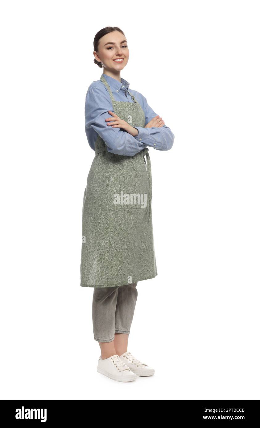Beautiful young woman in clean apron on white background Stock Photo ...