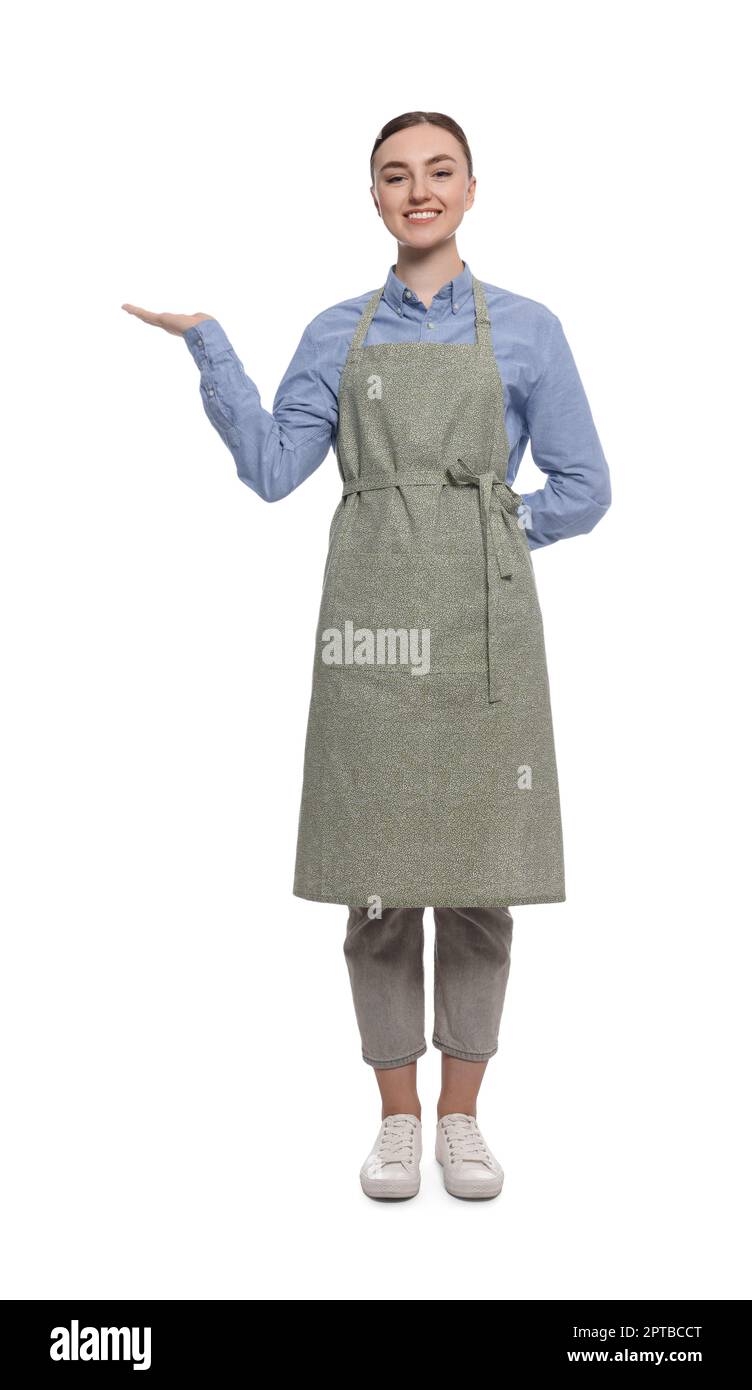 Beautiful young woman in clean apron on white background Stock Photo ...