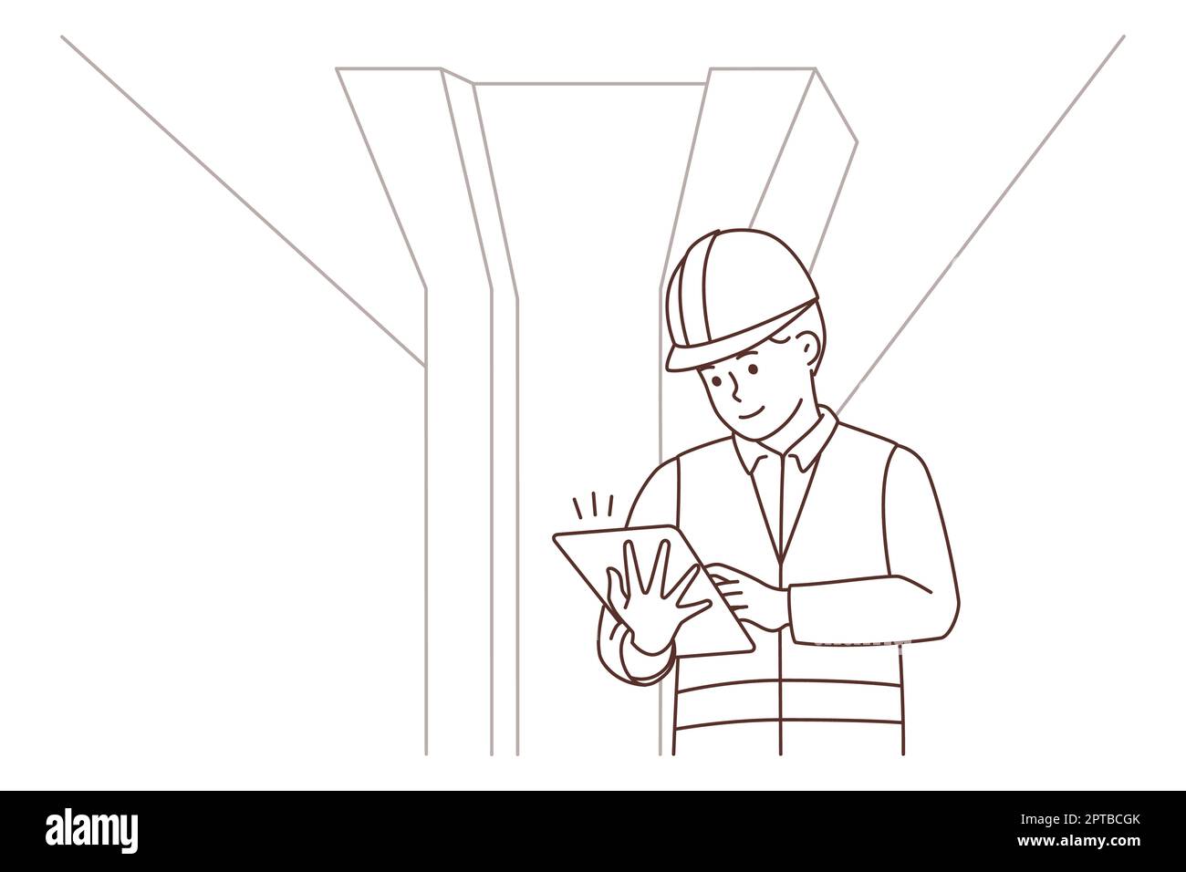 Male engineer in uniform and helmet working under bridge. Man ...