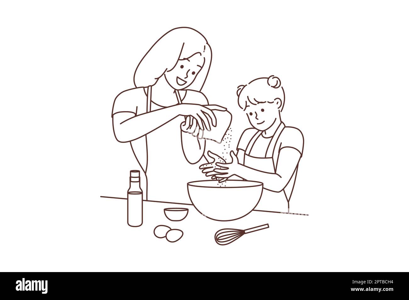 Happy young mother and daughter cooking at home together. Smiling mom ...