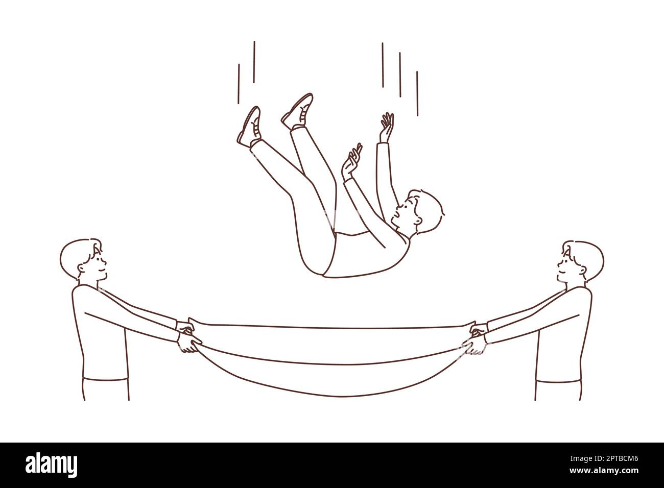 Men with cloth catching man falling down from height. Male friends ...