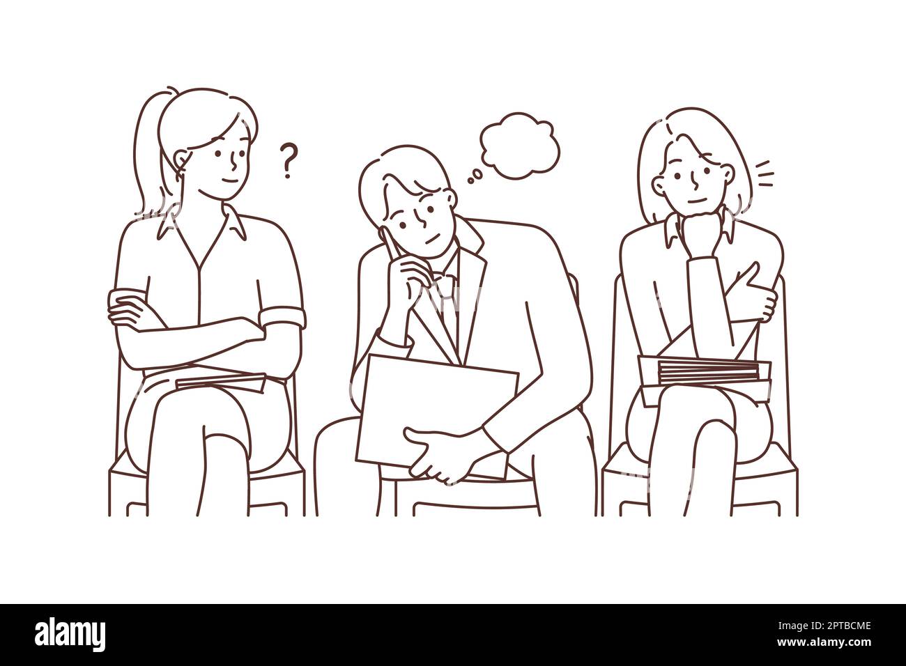 Diverse people sitting in line waiting for interview. Bored frustrated ...